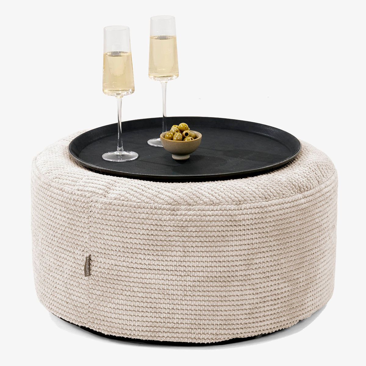 Lounge Pug Ottoman Tray Top Pouf Bean Bag Pom Pom Ivory– Big Bertha ...